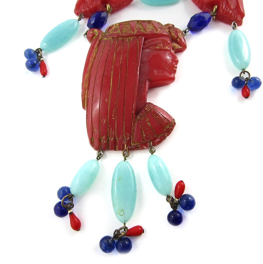 Vintage Re-worked Galalith and Bead Egyptian Revival Necklace - Etsy