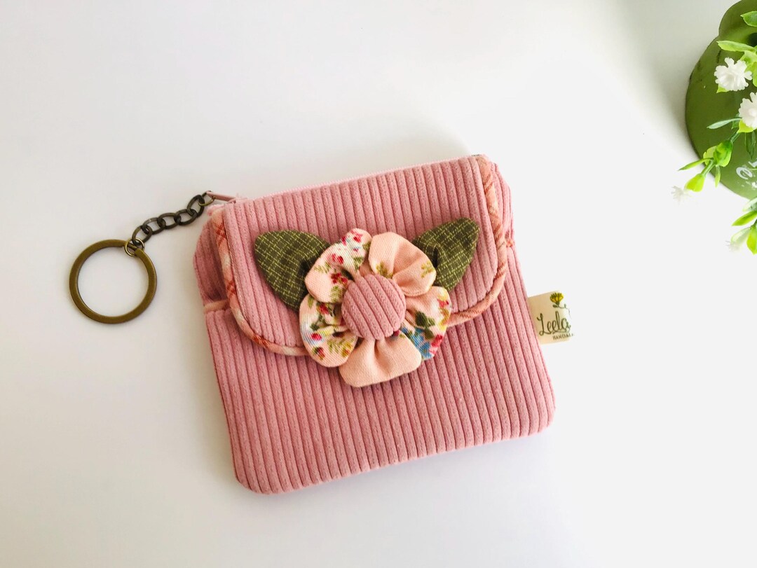 Small Pouch With Key Chain, Pink Corduroy Pouch, Coin Purse Keychain ...