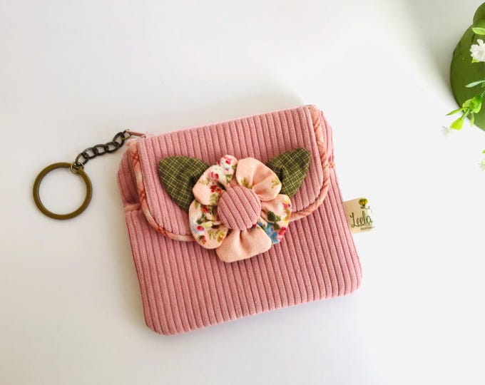 Small Pouch With Key Chain, Pink Corduroy Pouch, Coin Purse Keychain ...