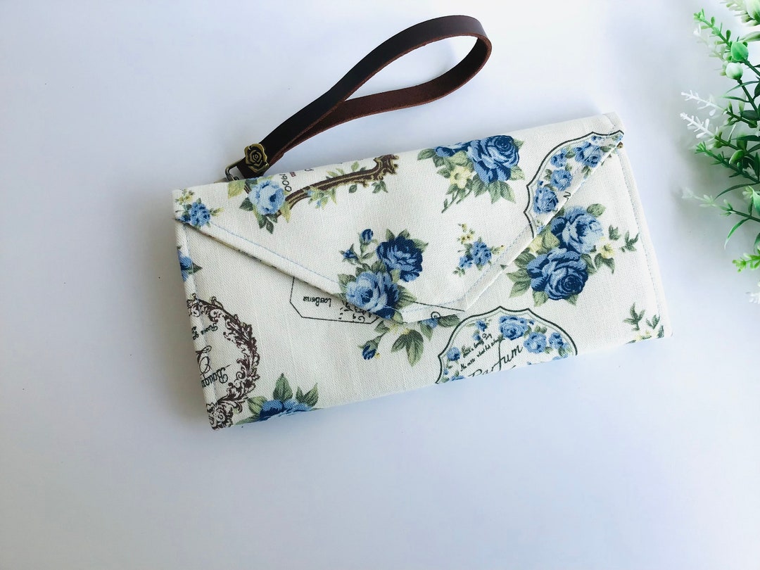 Blue Envelope Clutch Wallet, Wallet for Women, Roses Wallet, Handmade ...