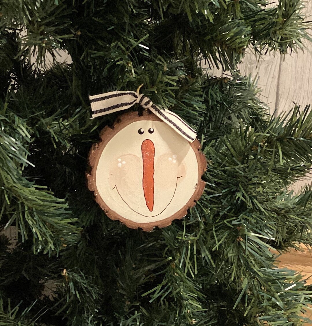 Country Chic Rustic Long Nose Snowman Face Wood Slice Oranment - Etsy