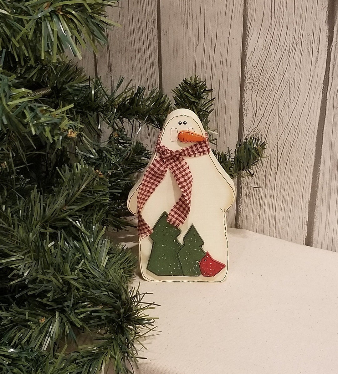 Country Standing Wood Snowman With Trees and Cardinal - Etsy