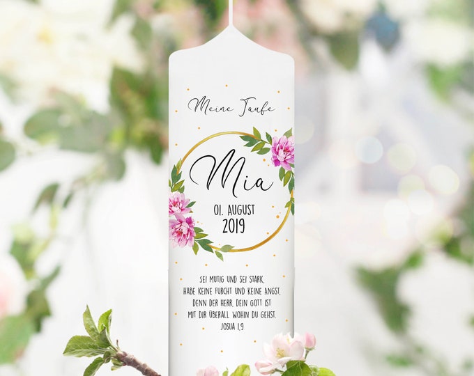 Weiße Taufkerze Kerze zur Taufe oder Geburt Blumenkranz Rosen mit Name Datum Taufspruch - Etsy.de
