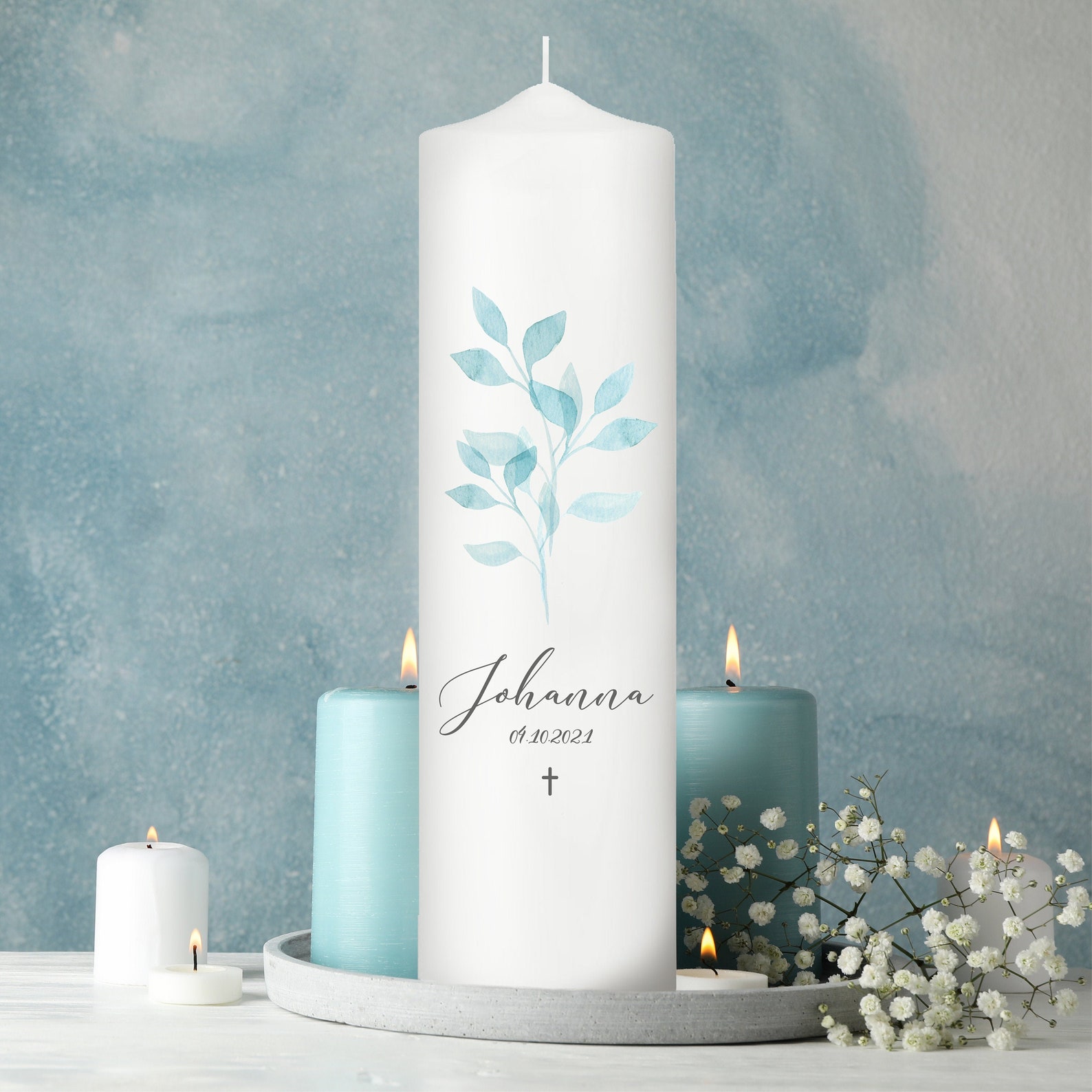 Mourning Candle Leaves Branch Light Blue Personalized With - Etsy