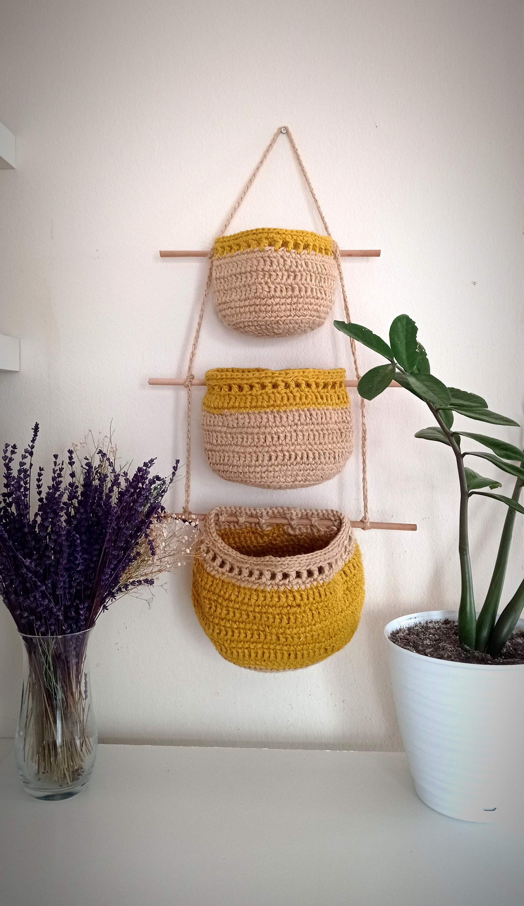Jute Hanging Wall Baskets, Kitchen Basket, Rustic Baskets Set, Storage ...
