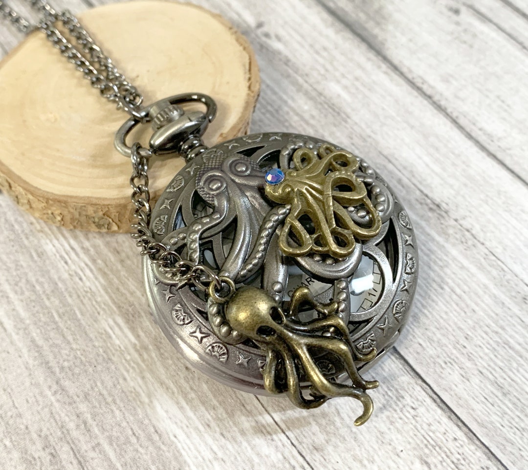 Anthracite Gray Octopus Pocket Watch for Men and Women, Octopus Pocket ...