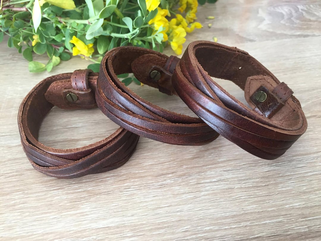 Large Rustic Men's Leather Bracelet Cuff, Birthday Men's Bracelet Gift ...