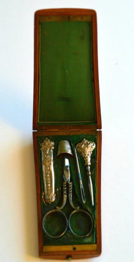 French Antique Sewing Box, French Textile Box, 7" - Gem