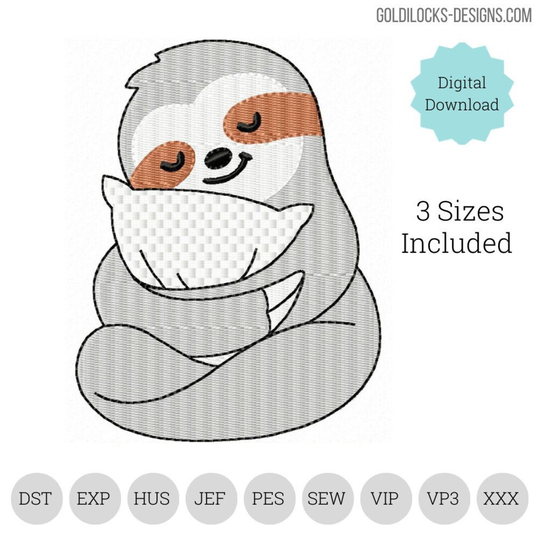Sloth With Pillow Embroidery Design. 3 Sizes Included! Sleepy Sloth ...