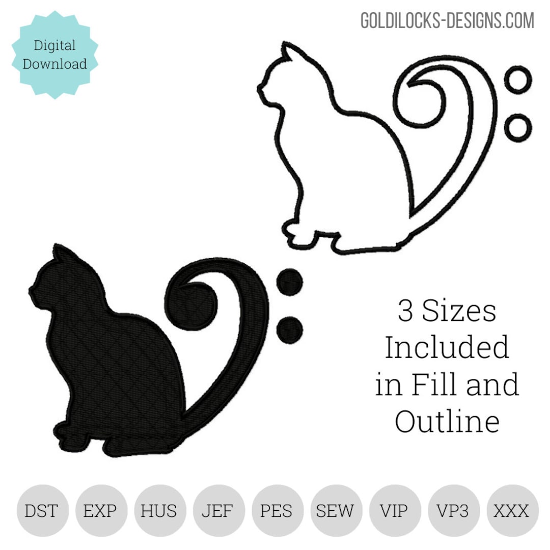 Musical Bass Clef Cat Fill and Outline Embroidery Design Kitten Machine ...