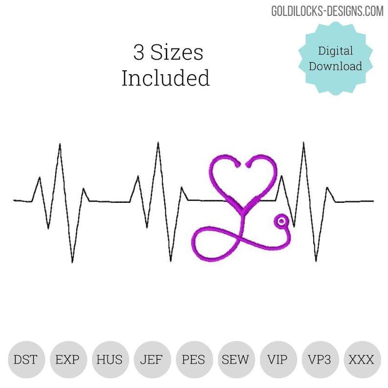 Stethoscope EKG Embroidery Design in Fill and Outline in 3 Sizes. Nurse ...