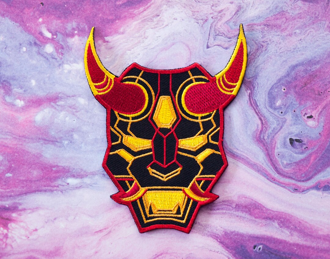 Mecha Oni Mask Embroidered Patch / Neon Red Demon Mask / Japanese ...
