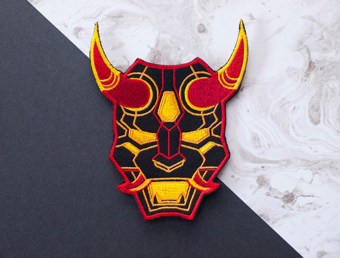 Mecha Oni Mask Embroidered Patch / Neon Red Demon Mask / Japanese ...