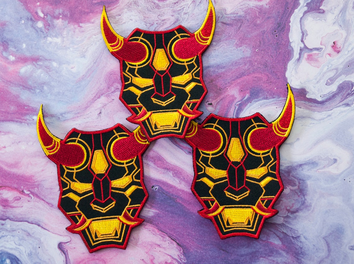 Mecha Oni Mask Embroidered Patch / Neon Red Demon Mask / | Etsy