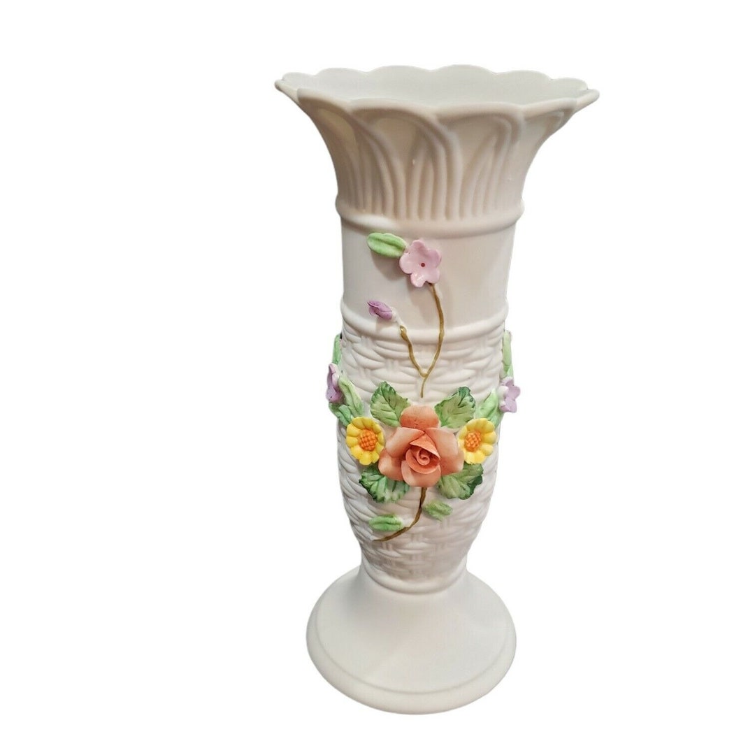 LEFTON CHINA ROSE White Hand Painted Vase #02495 With Sticker Pink ...