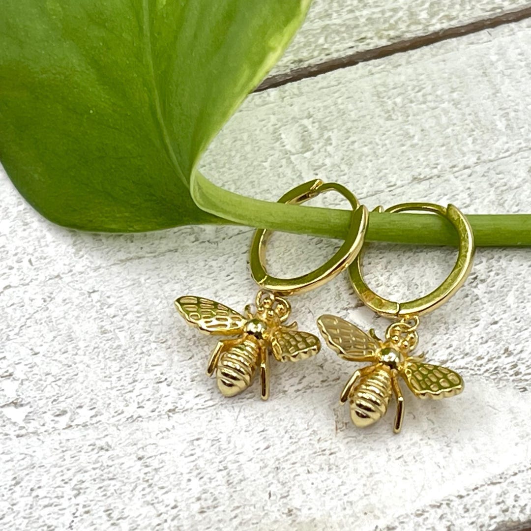 Gold Bee Charm Dangle Hoop Earrings, Small Insect Animal Huggie Hoops ...