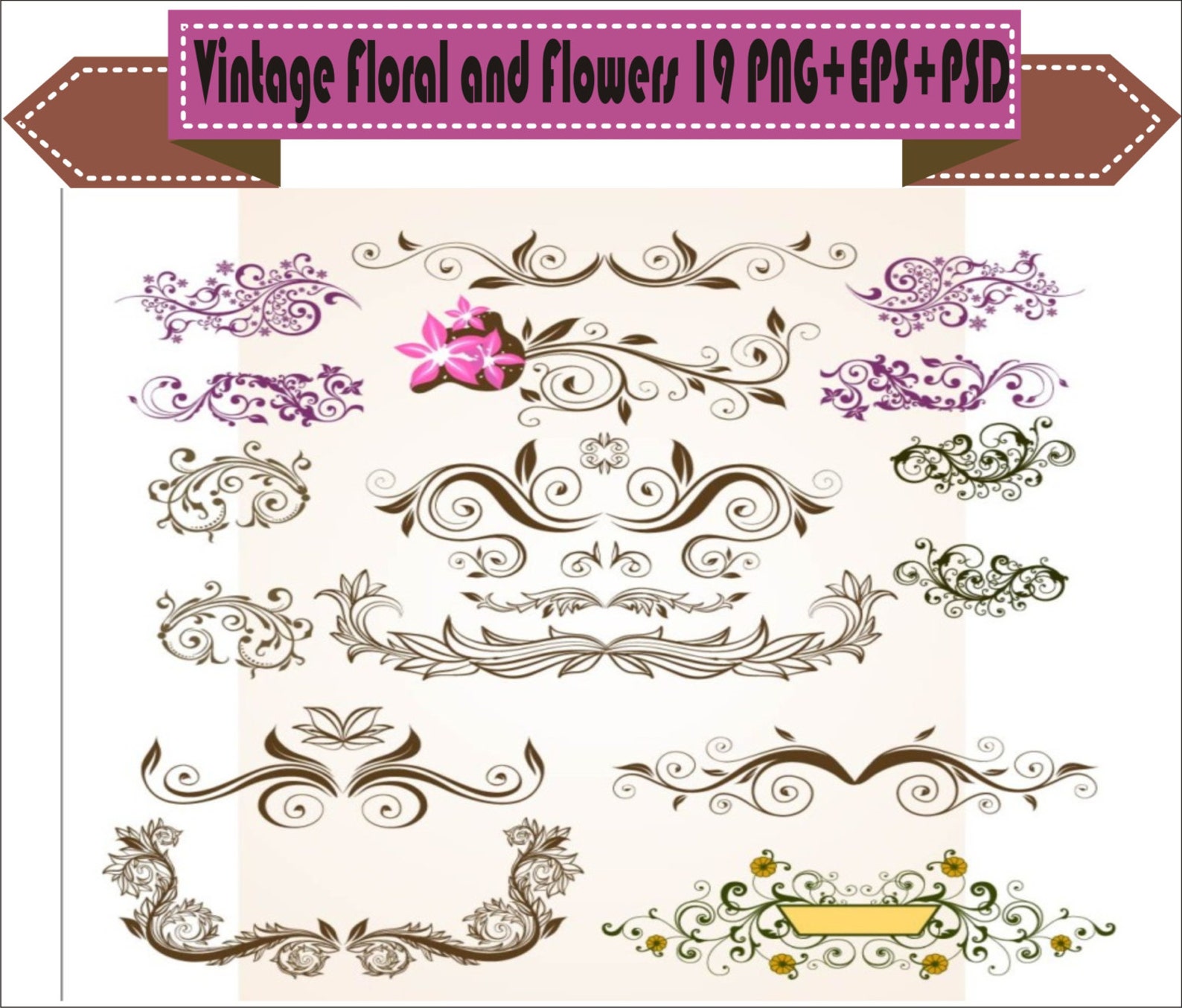 Vintage Floral and Flowers Corner Retro Vector Clipart PNG EPS PSD Set ...
