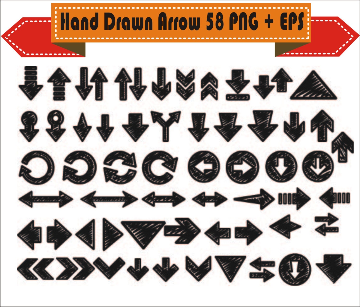 Hand Drawn Arrow Vintage Retro Vector Clipart PNG EPS PSD Set Digital ...