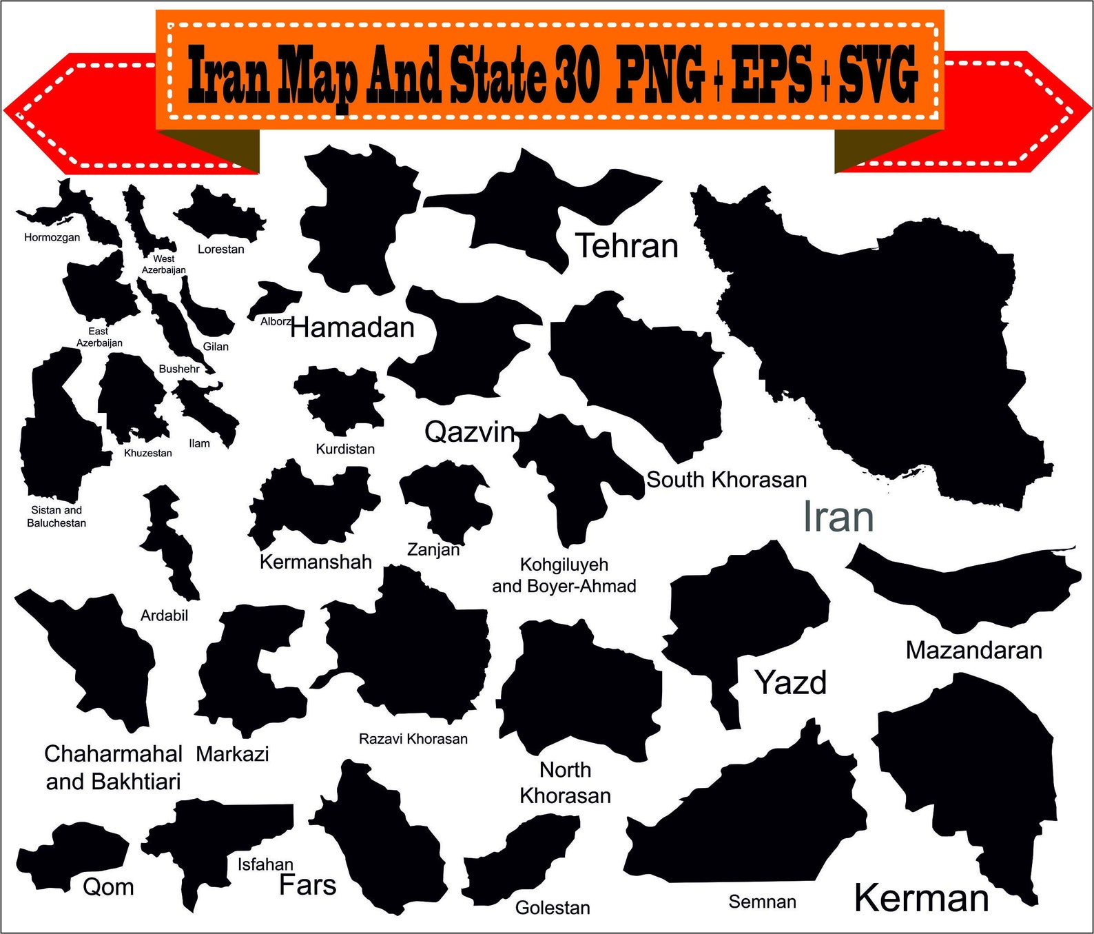 Iran Tehran Yazd Kerman Ardabil Fars Qom Semnan Silhouette Vector ...