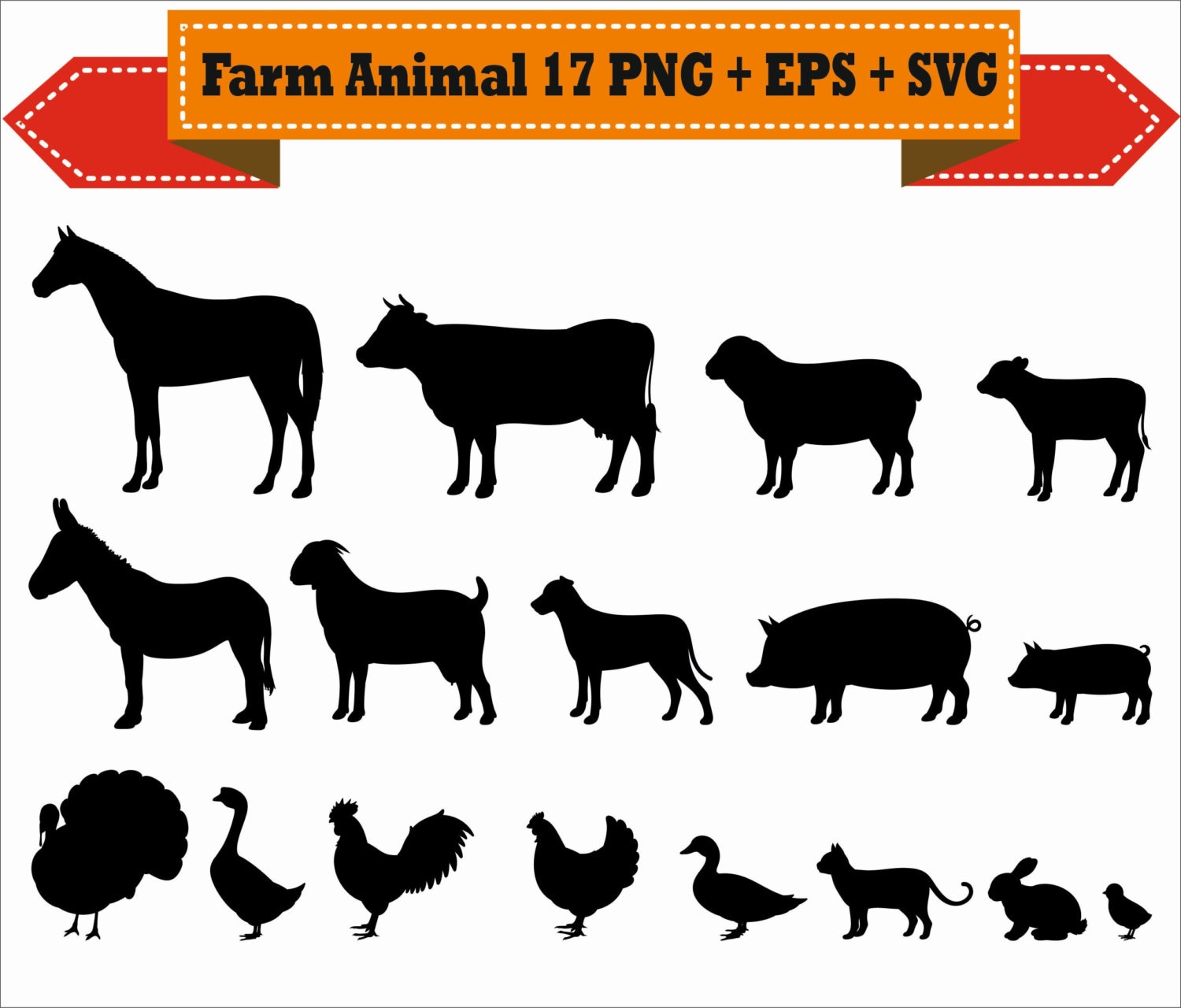 Farm Animal Chicken Duck Dog Cat Pig Horse Silhouette Vector Clipart ...