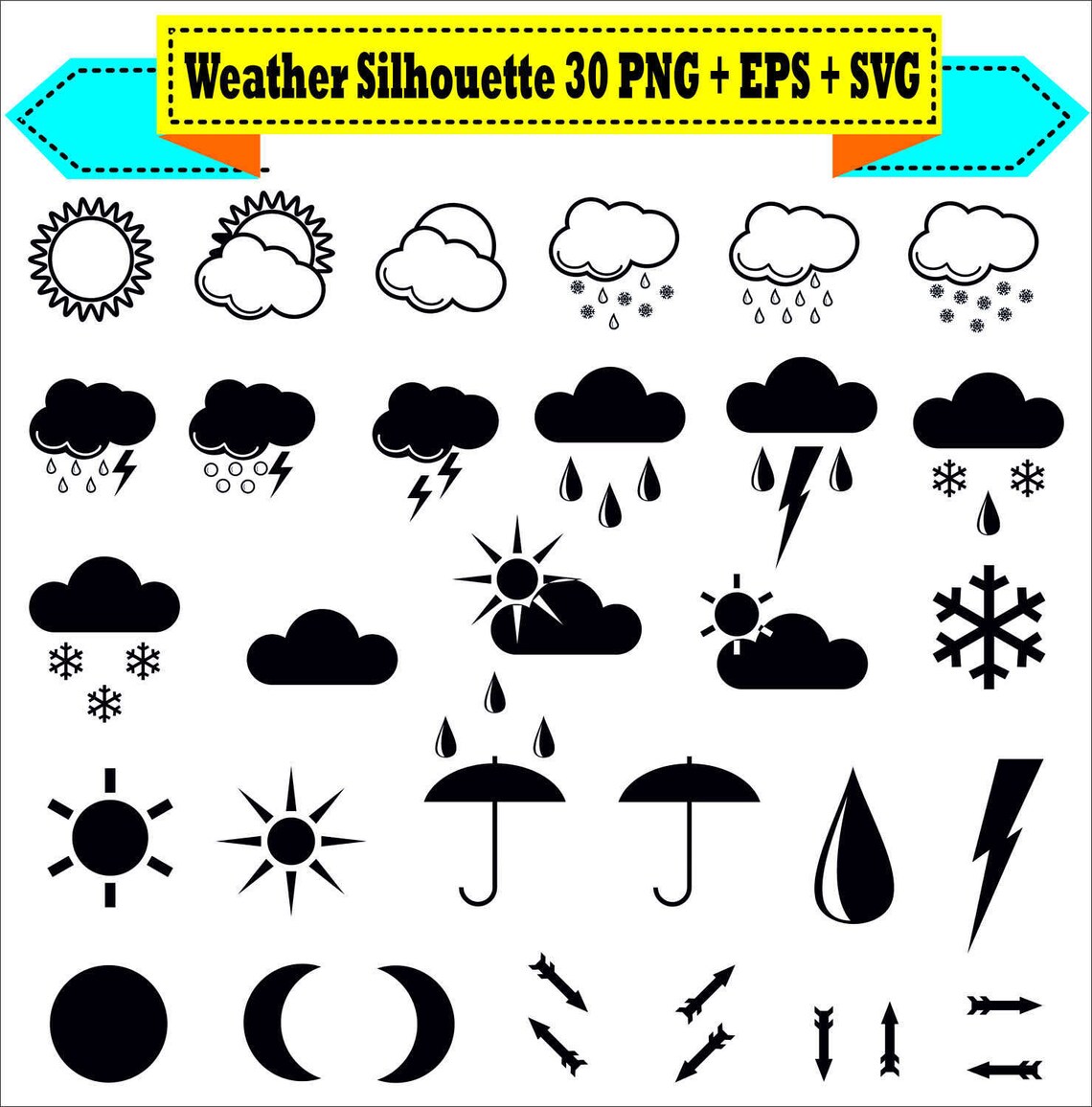 Weather Sun Rain Clouds Lightning Drop Silhouette Moon Vector - Etsy