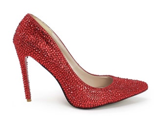 Red Rhinestone Women Pumps Shoes Closed Toe Heels Ruby Red Sparkle ...