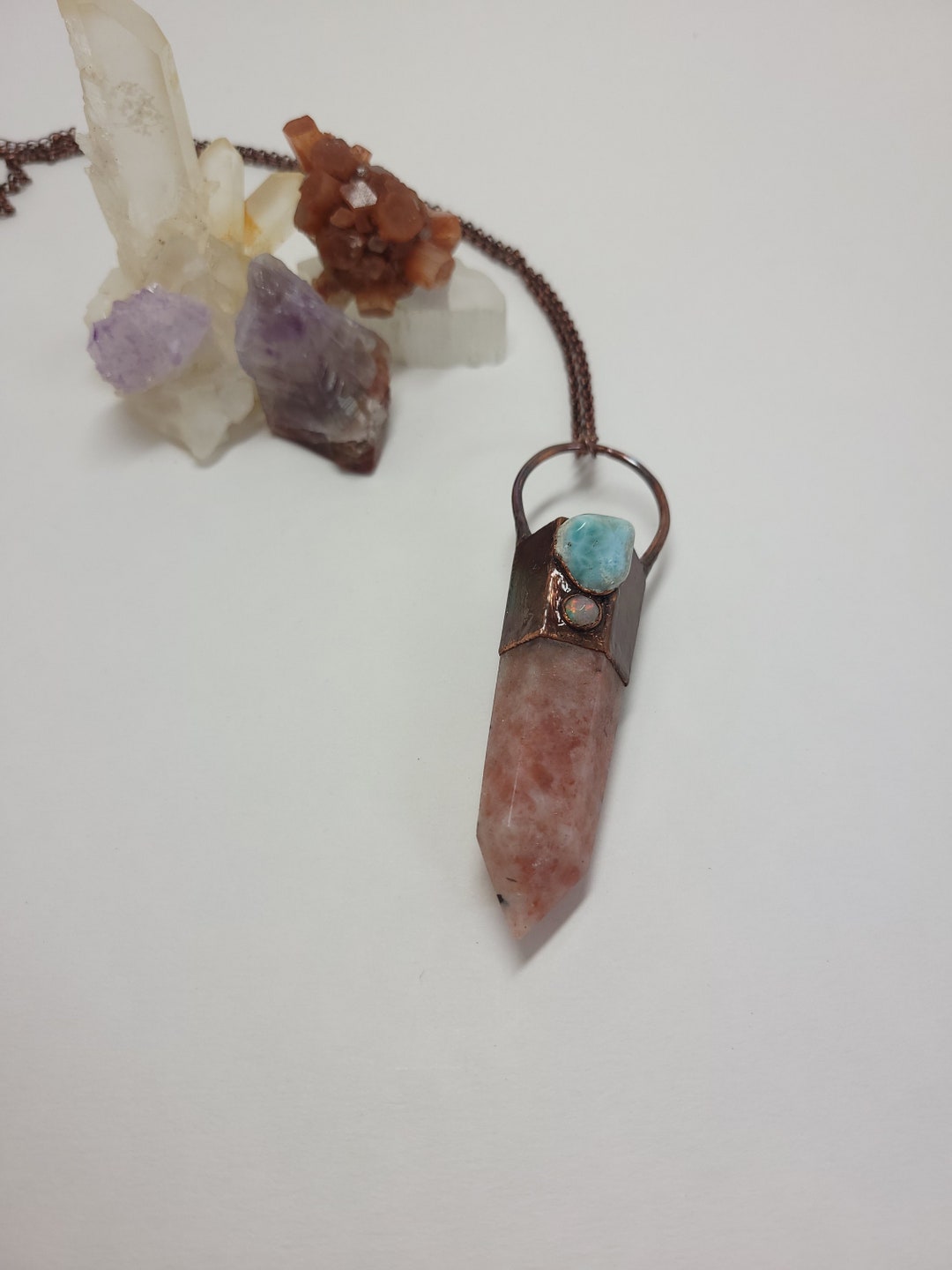 Copper Electroformed Sunstone Point With Larimar and Ethiopian Opal ...