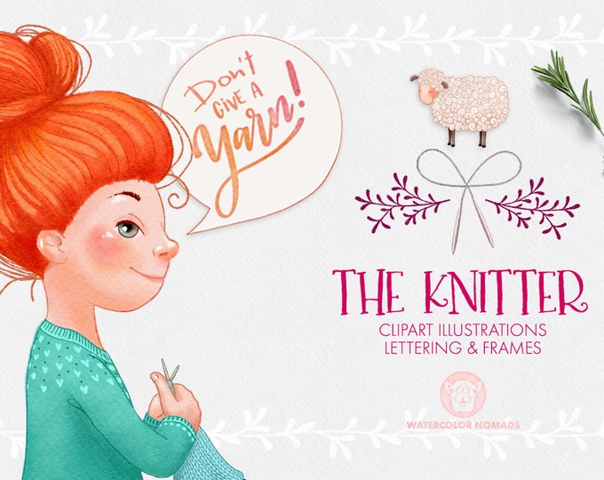 Knitter Clipart Set , Knitting Girl, Cute Sheep, Yarn Ball, Yarn Skein ...