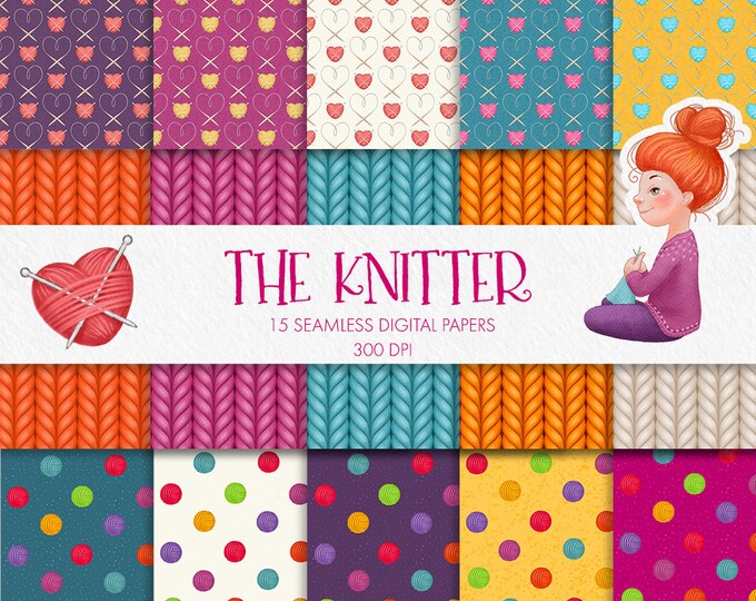 Digital Papers Set the Knitter, Yarn Balls Pattern, Yarn Heart Pattern ...
