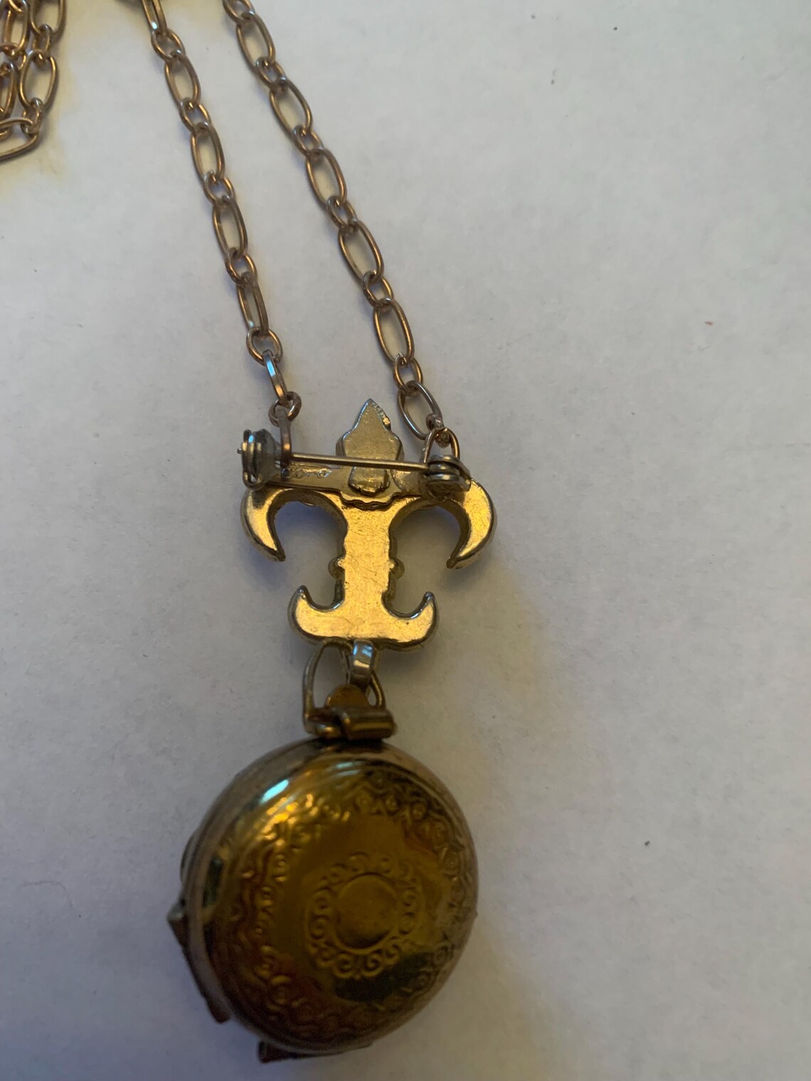 Vintage CORO Fleur-de-lis Pearl 4 Photo Dangle Locket Brooch on Chain ...