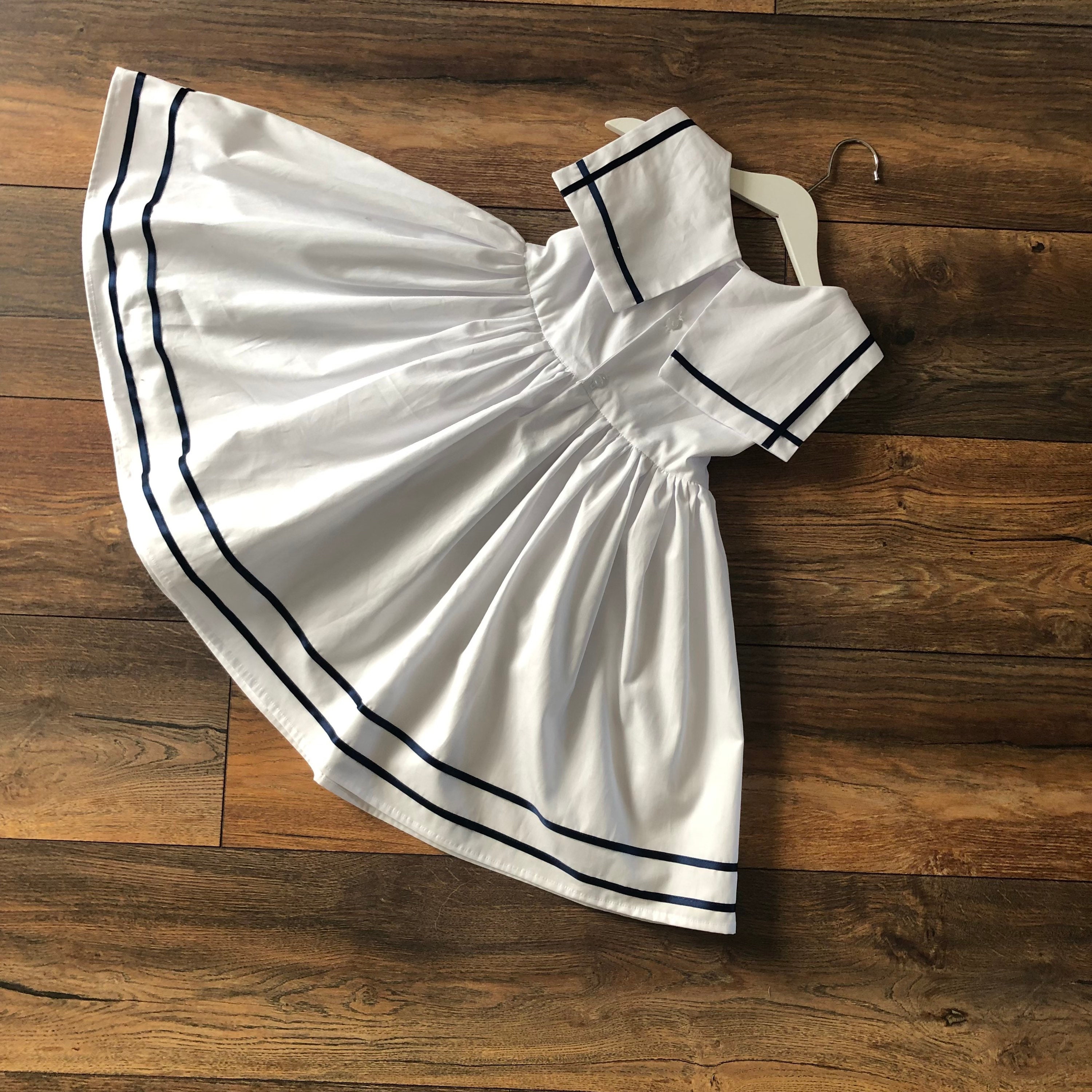 Sailor Dress in White with Navy Blue and Red Trim. | Etsy