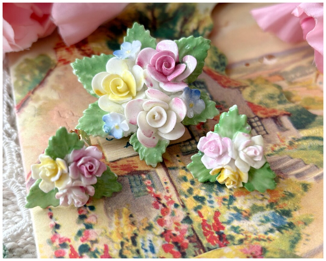 Vintage Bone China Porcelain Floral Rose Brooch and Clip on Earrings ...