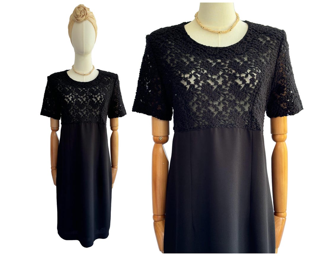 Vintage Black Crepe and Lace Evening Cocktail Shift Dress by Nazy Cook ...