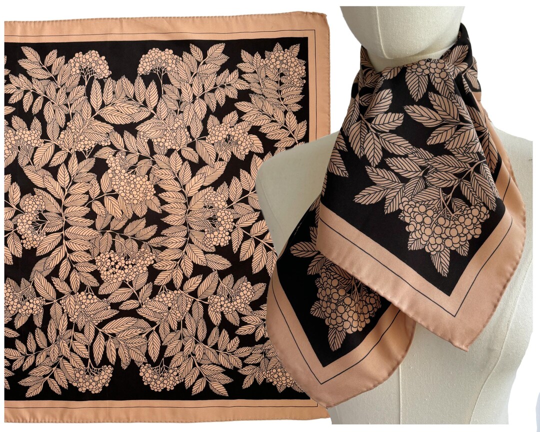 Vintage Black and Mink Coloured Leaf Print Square Scarf Autumnal - Etsy