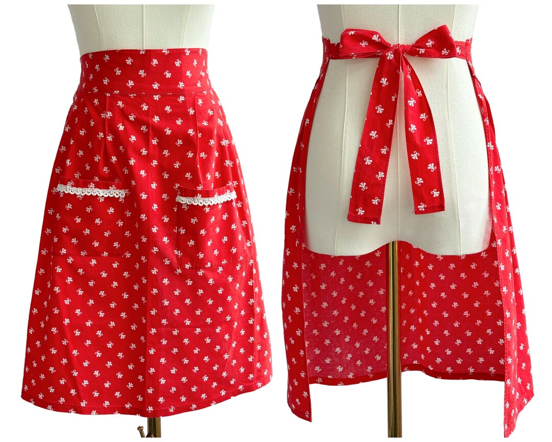 Vintage Red and White Cotton Half Apron Pinny Hostess Apron With Lace ...