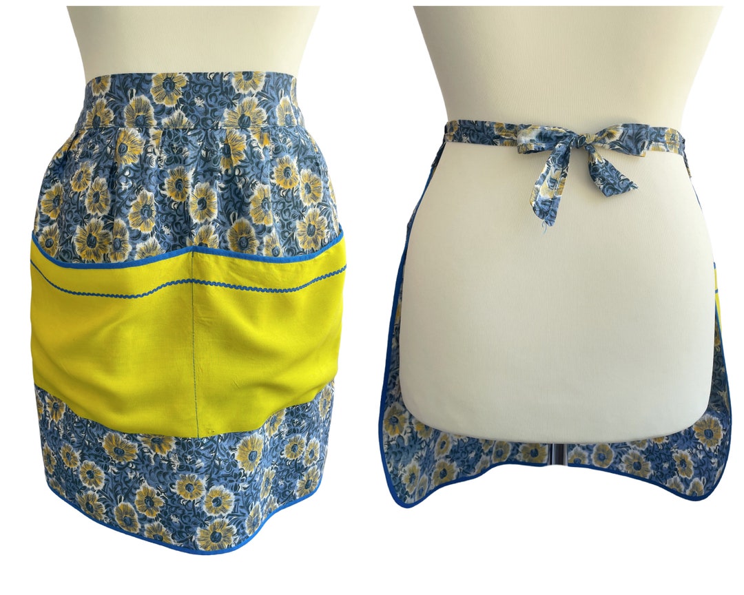 Vintage Blue and Yellow Floral Cotton Half Apron With Large Front ...