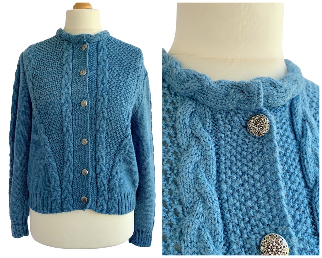 Vintage Blue Chunky Handknit Cardigan With Silver Buttons UK Size 14-18 ...