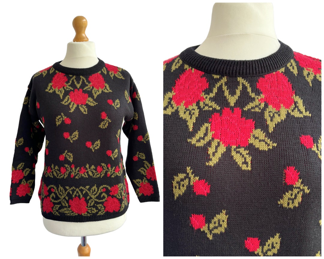 Vintage Chunky Knit Black Jumper With Red Rose Pattern | Dorothy ...