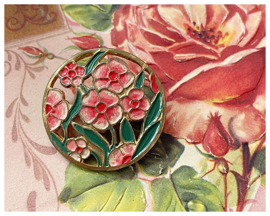 Vintage Cold Toned Pink and Green Floral Painted Enamel Brooch - Etsy