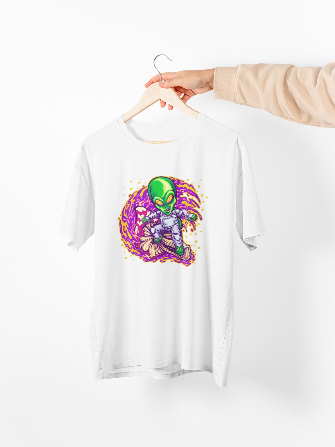 Alien Spaceman Surfing in Space With Magic Mushroom || Organic Cotton ...