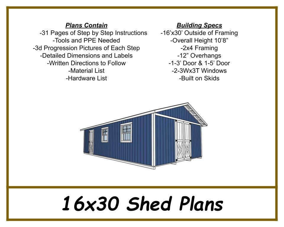 Shed Plans 16x30 - PDF Download - Etsy