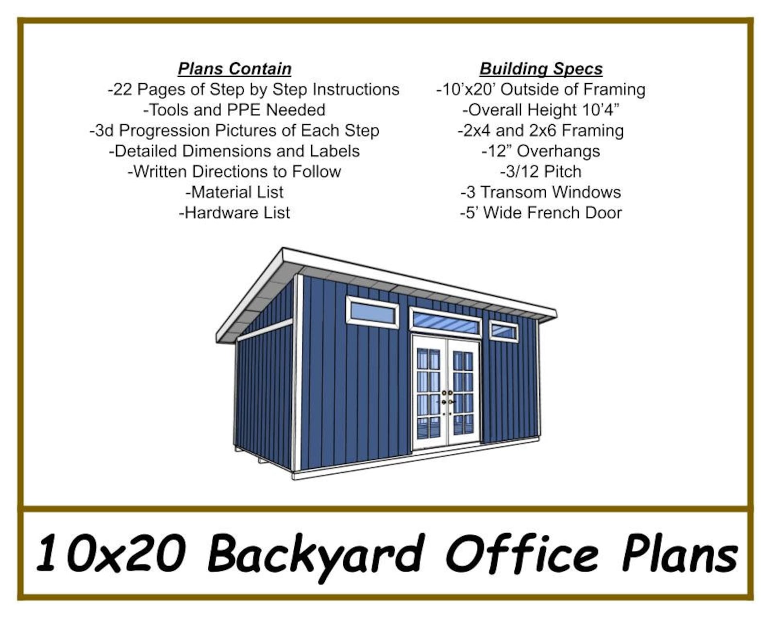 Backyard Office Plans 10x20 - PDF Download - Etsy