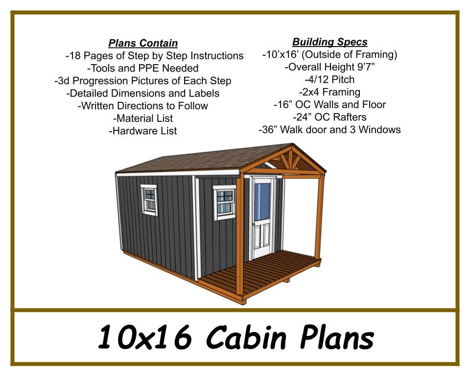 Cabin Plans With Porch 10x16 - PDF Download - Etsy