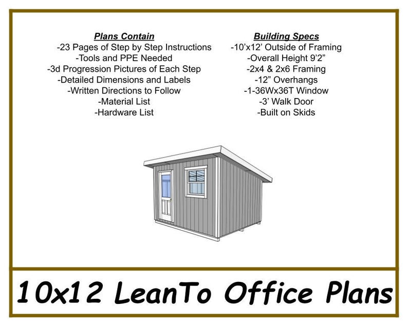 Lean to Office Shed Plans 10x12 - PDF Download - Etsy