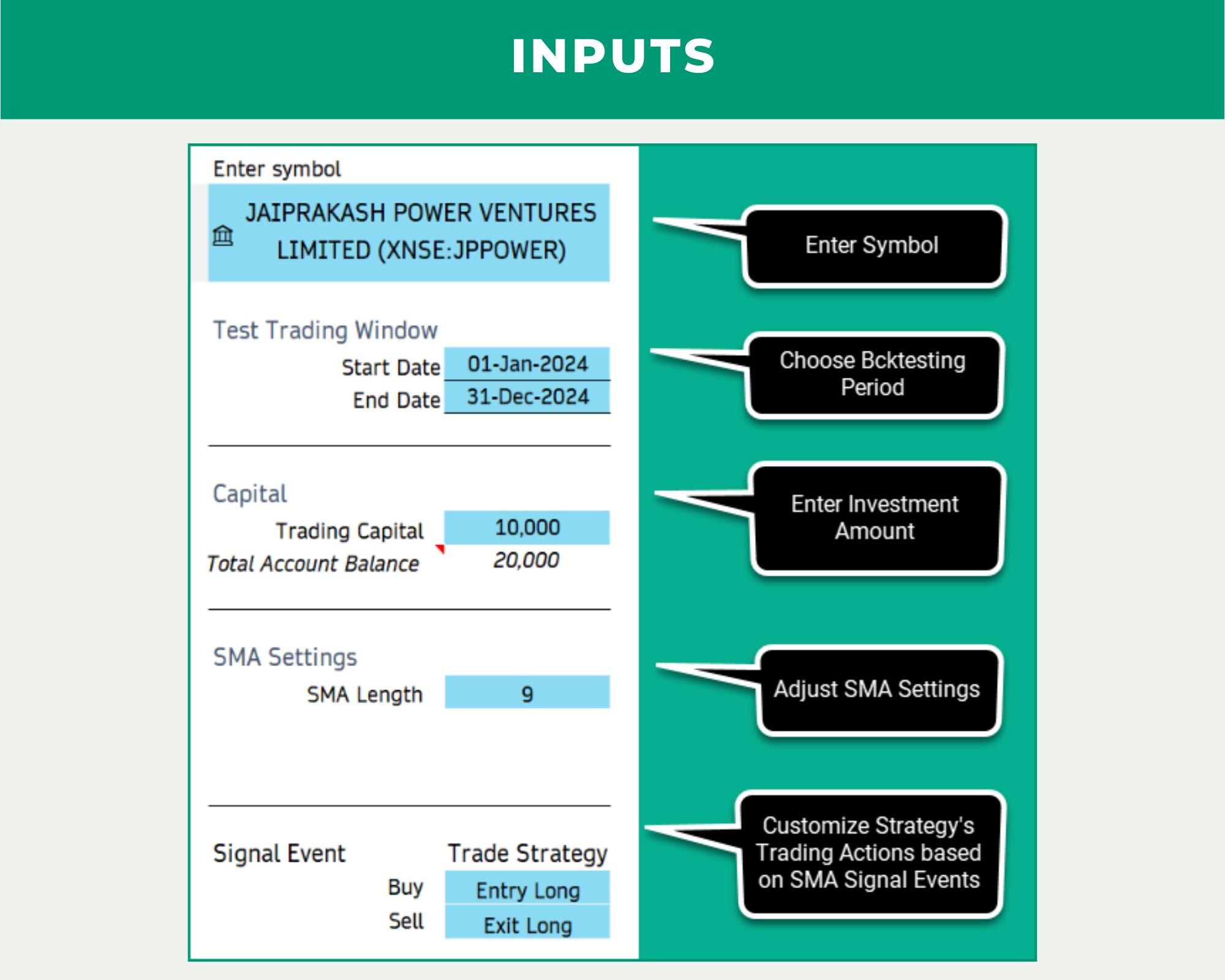 SMA Strategy Backtester Excel Template | SMA Strategy Backtester ...