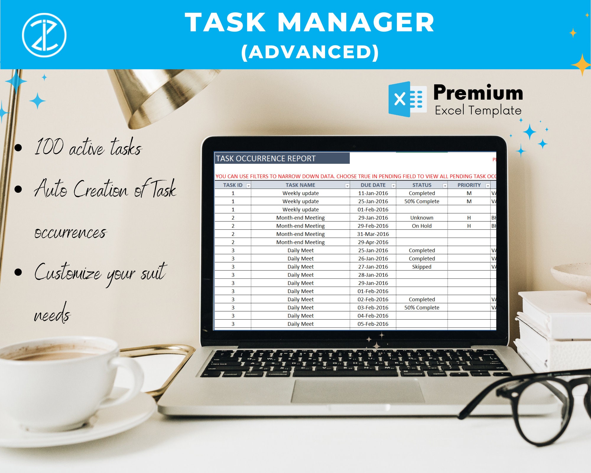 Task Manager advanced Excel Template - Etsy