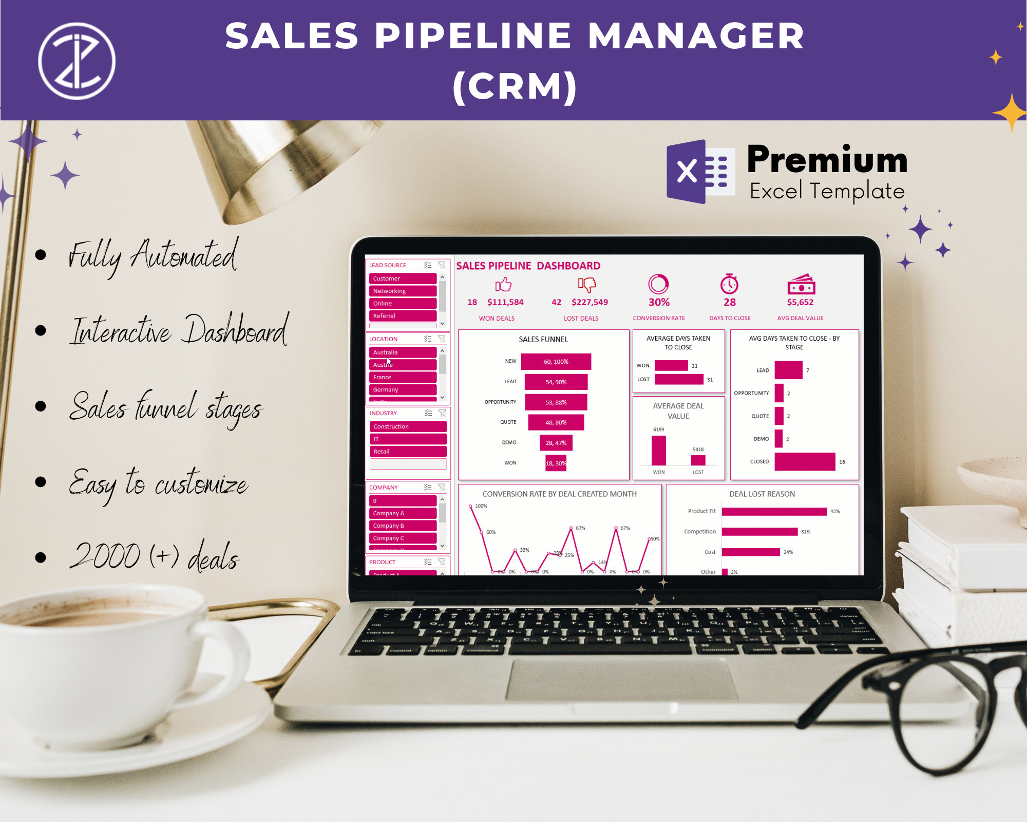 Sales Pipeline Manager Excel Template | CRM Tracker | CRM Dashboard ...