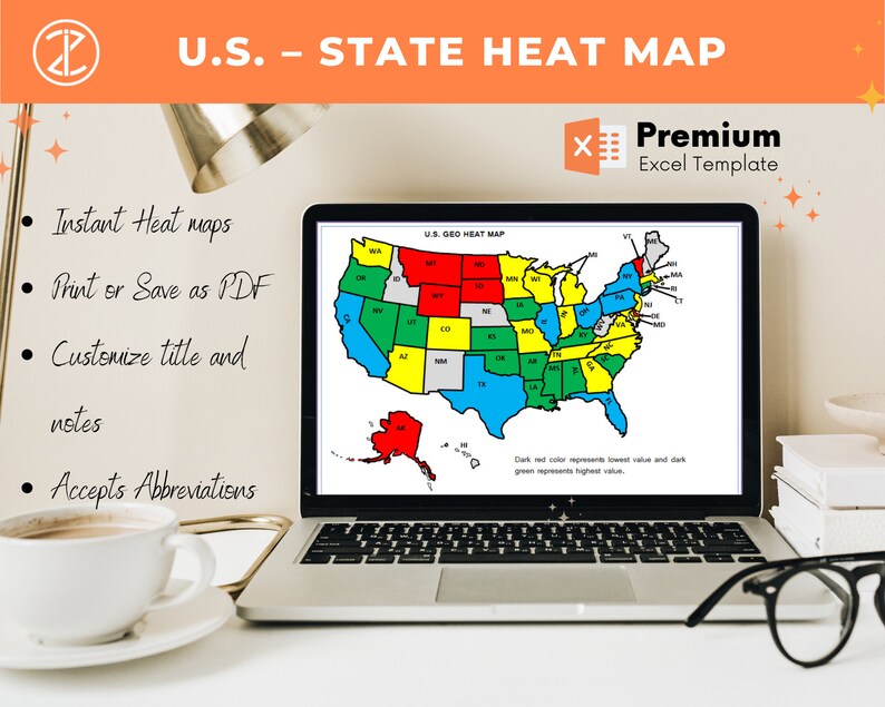 U.S State Heat Map Excel Template - Etsy