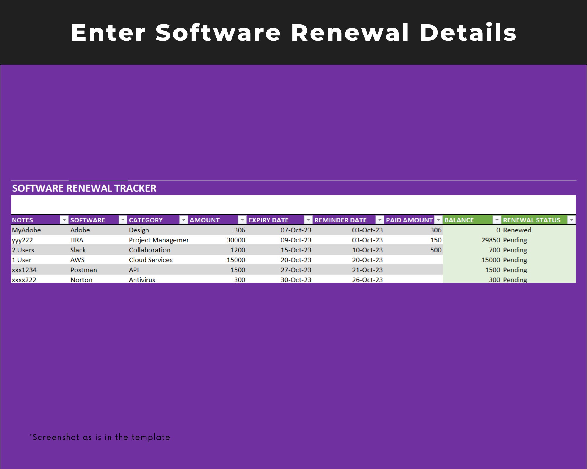 Software Renewal Tracker – Excel Template - Etsy