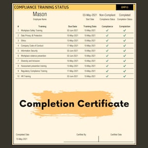Compliance Training Dashboard Excel Template - Etsy